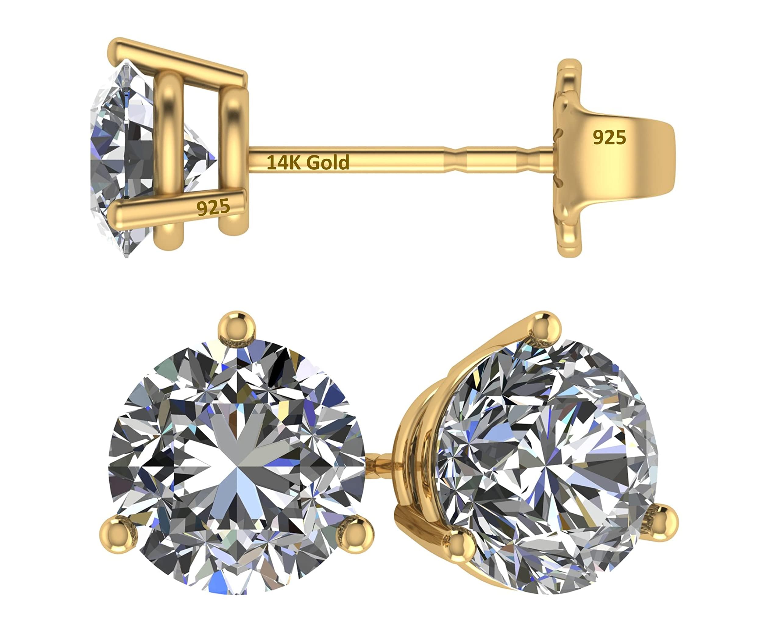 Central Diamond Center 14K Gold Post & Sterling Silver Zirconia 3 Prong Martini Stud Earrings- Yellow Gold Plated 6.50mm 2.00ctw