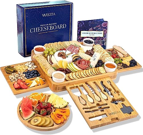 VAREZZA Bamboo Cheese Board and Knife Set Extra Large Charcuterie Board Set - Serving Board, Side Cheese Tray, Round Bamboo Fruit Cheese Platter, 23 Entertaining Accessories for House Warming Gift