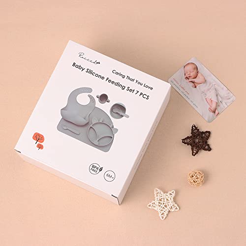 ROCCED Silicone Baby Feeding Set Baby Led Weaning Supplies Toddler Dish Set First Stage Solid Food Eating Utensil, Suction Plates with Spoons Baby Suction Bowls Bibs Cups Placemat- 6M+ Sage