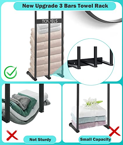 KOCWELL Towel Racks for Bathroom Wall Mounted, 3 Bar Bathroom Towel Holder with Extra 4 Suction Cups and 5 Hooks, Bathroom Towel Storage, Metal Bath Towel Holder for Large Towel Washcloths, Black