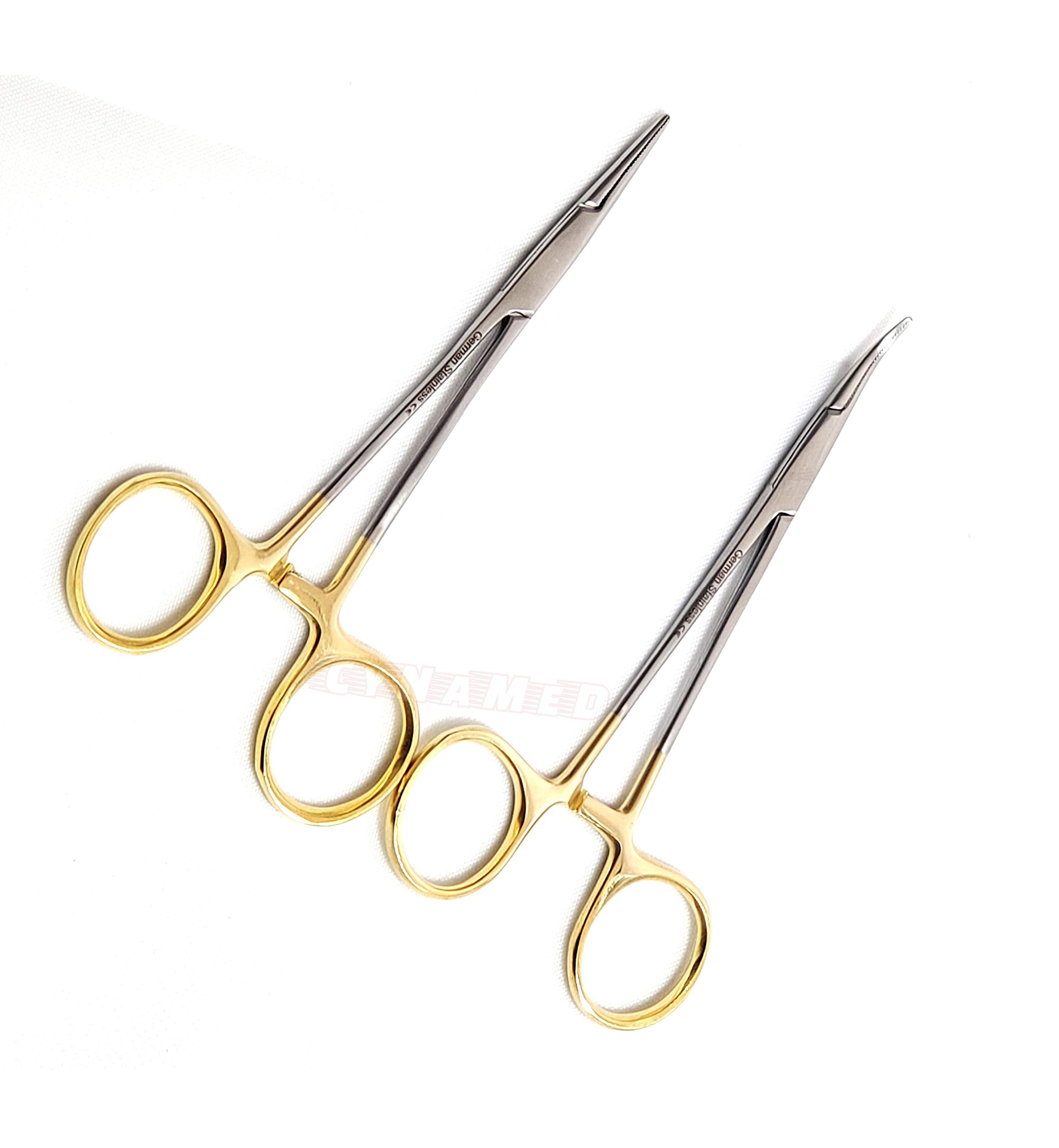 Premium German Stainless- Set of 2 PCS Gold Handle Mosquito Locking HEMOSTAT Forceps Straight + Curved 5"-Cynamed