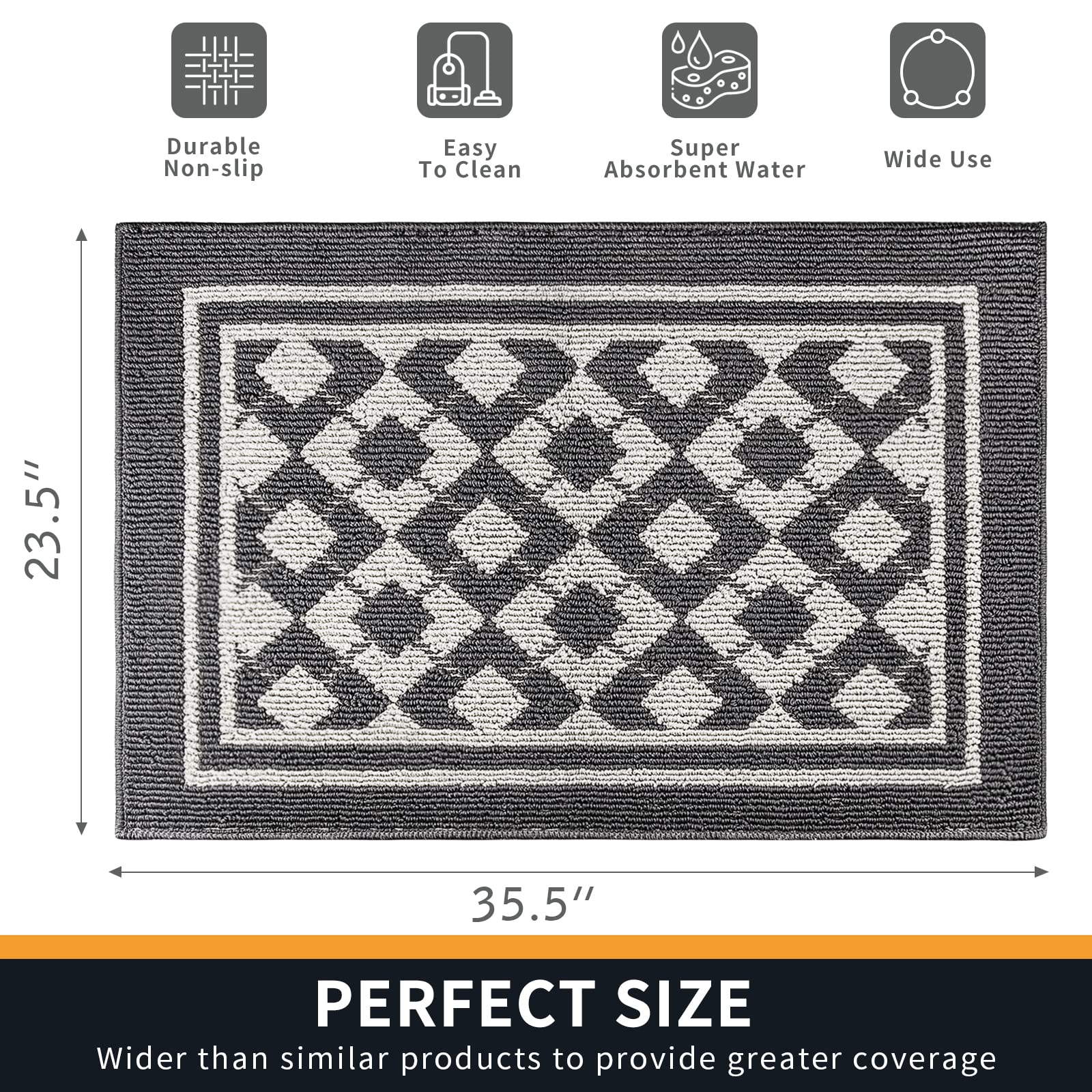 Gutesem Indoor Door Mat, 24"x36", Front Back Door Entrance Rug, Absorbent and Dirt-Resistant Rugs for Entryway, Machine Washable, Non-Slip Low-Profile Inside Entry Doormat, Dark Grey