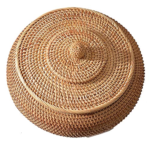KODENG Round Rattan Boxes with Lid Hand-Woven Multi-Purpose Wicker Tray 11 Inch Picnic Food Bread Table Storage Basket (28x13cm)
