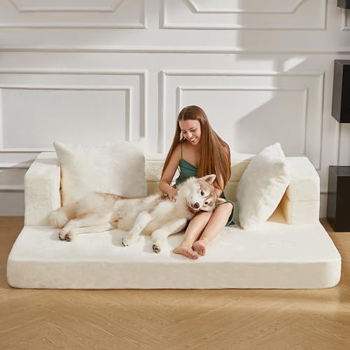 Cansunna Folding Bean Bag Chair for Adults,3-in-1 Bean Bag Couch Faux Fur Floor Sofa Large Beanbag Convertible Bean Bag Sofa Bed with Pillow,Bedroom,Living Room(Large,Milky White)