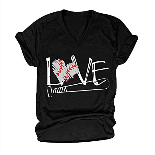 DUOWEI Women V Neck Casual Baseball Print Short Sleeve T Shirt