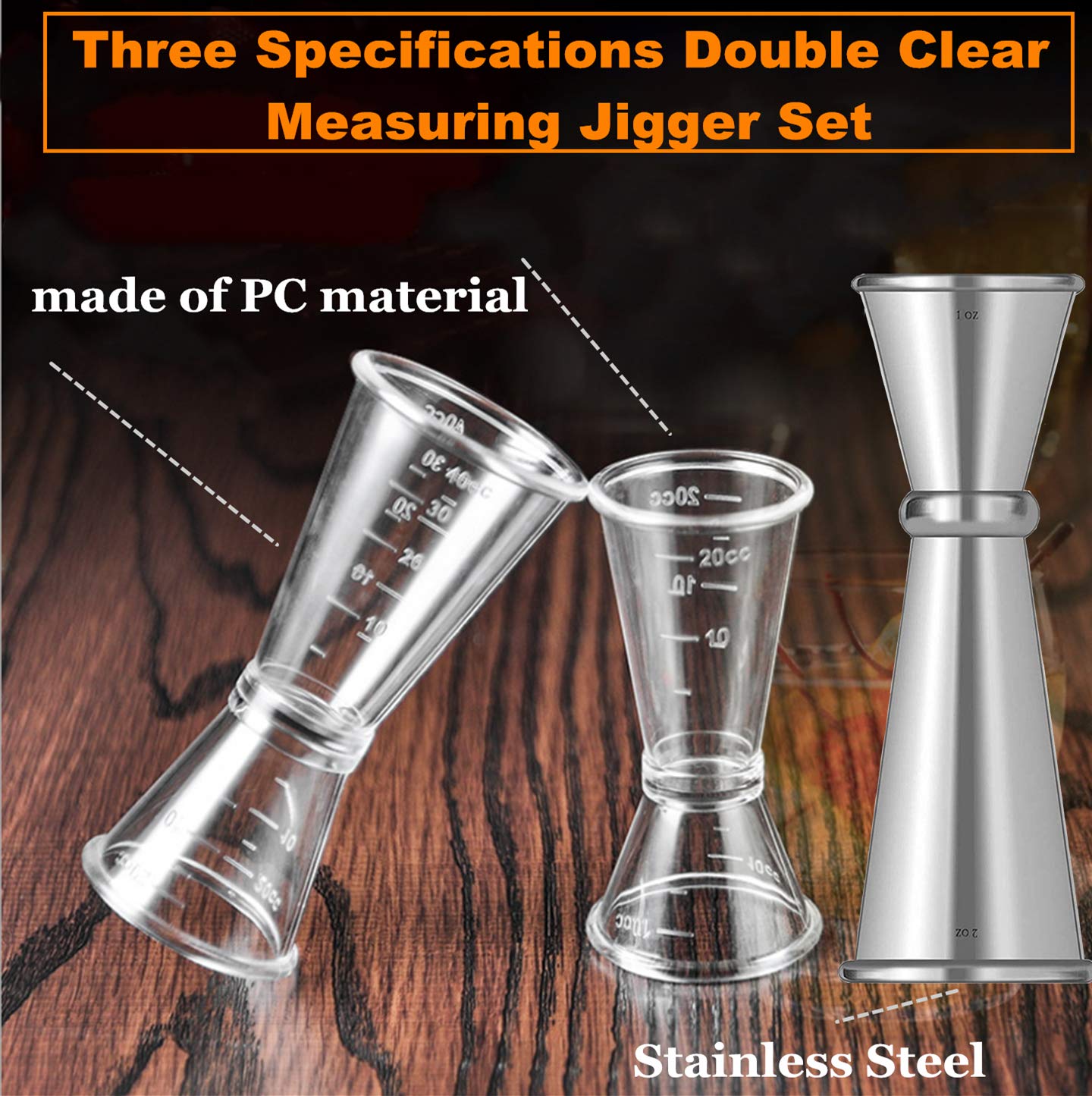 Double Clear Plastic and Stainless Steel Japanese Style Jigger, Set of 3, Cocktail Measuring Shot Glasses Drink Spirit Measure Cup for Bar Party Kitchen Tool
