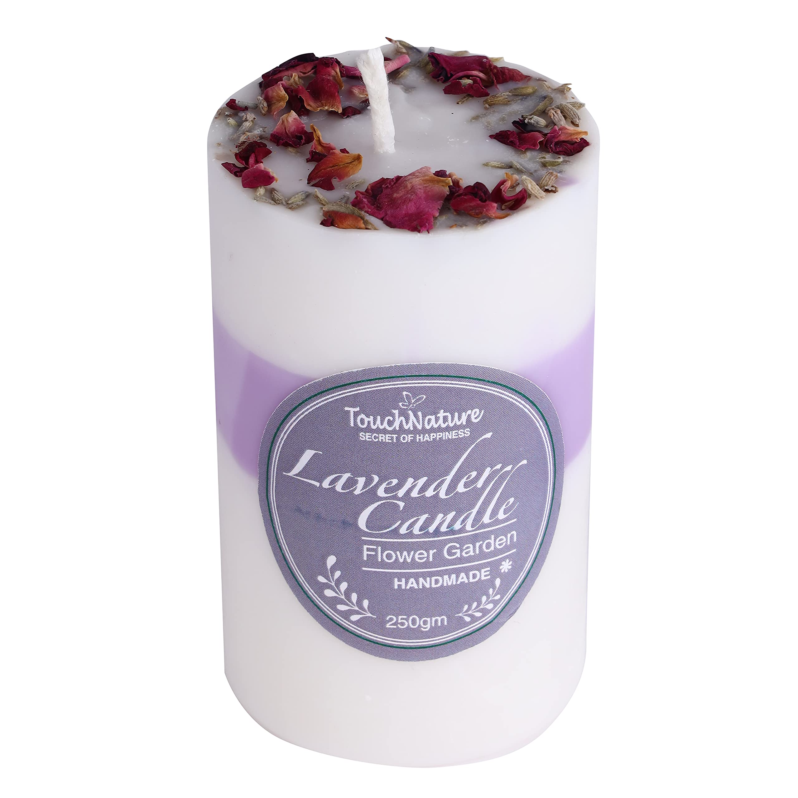 Touch Nature Flower Garden Scented Aromatherapy Fragrant Handmade Pillar Candle. Hand Poured Rustic Home DƩcor Pillars. Decorated with Dried Flower Petals. (6cm dia x 10cm) (Lavender)