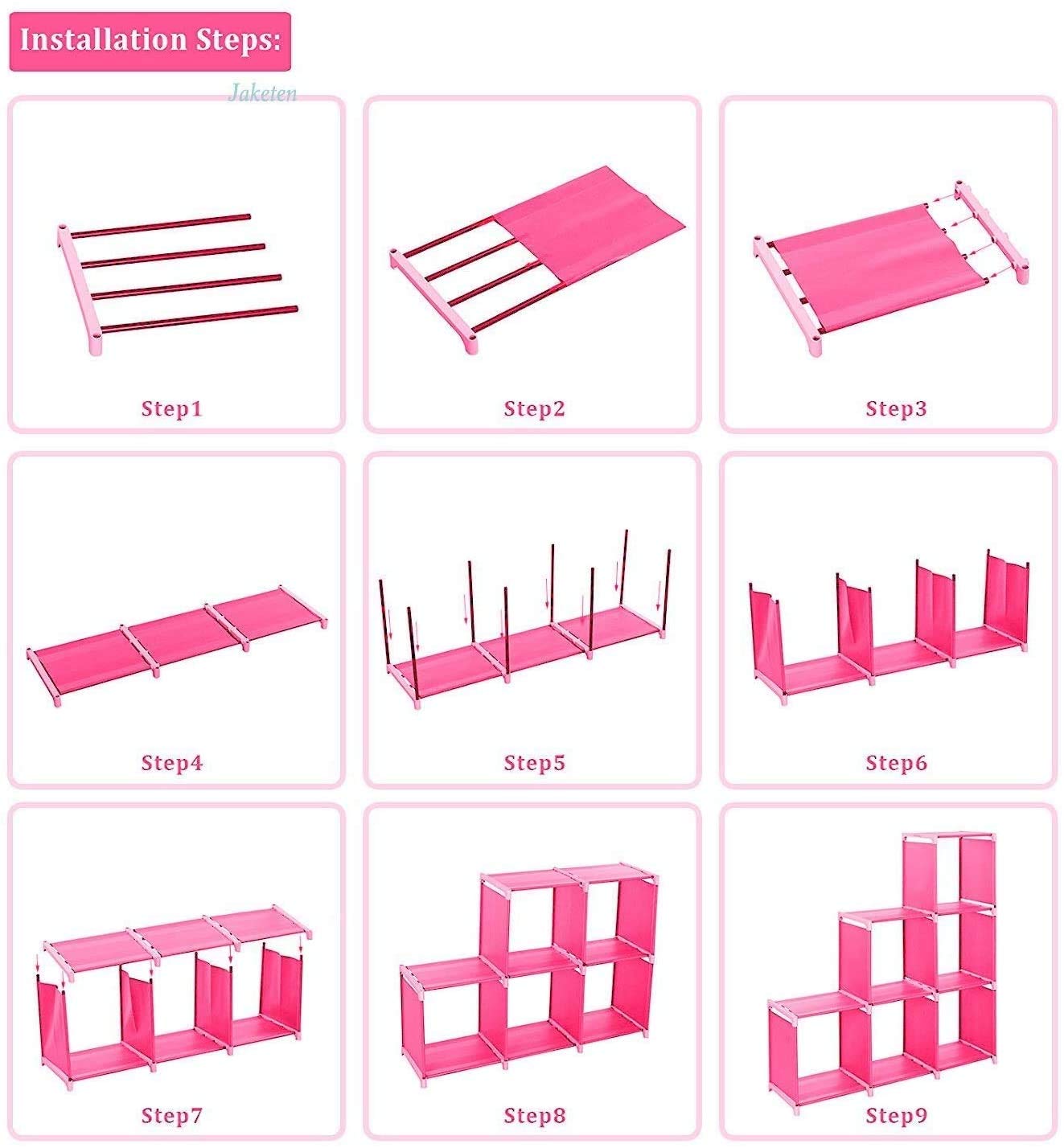 OPPSDECOR 9-Cubes Bookshelf, 4 Tier Shelf Adjustable DIY Bookcases for Kid, Book Shelf Organizing Storage Shelving Cabinet for Bedroom Living Room Office (Pink)