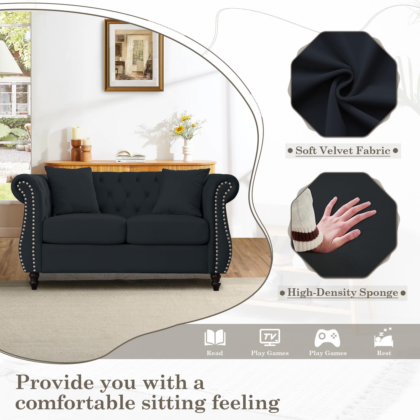 JEEOHEY Chesterfield Sofa Couch,80" Button Tufted Velvet Couch with Rolled Arms&Nailhead Trim,Comfy 3 Seater Sofa,Oversize Mid Century Modern Couch for Living Room,Bedroom,Apartment,Office(Beige)