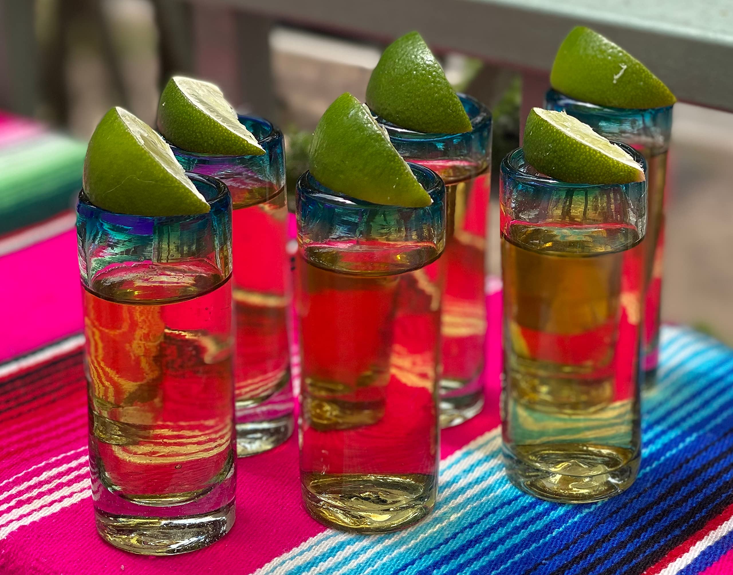 Dos Sueños Hand Blown Mexican Tequila Shot Glasses – Set of 6 Aqua Rim Tequila Shot Glasses (2 oz each) …