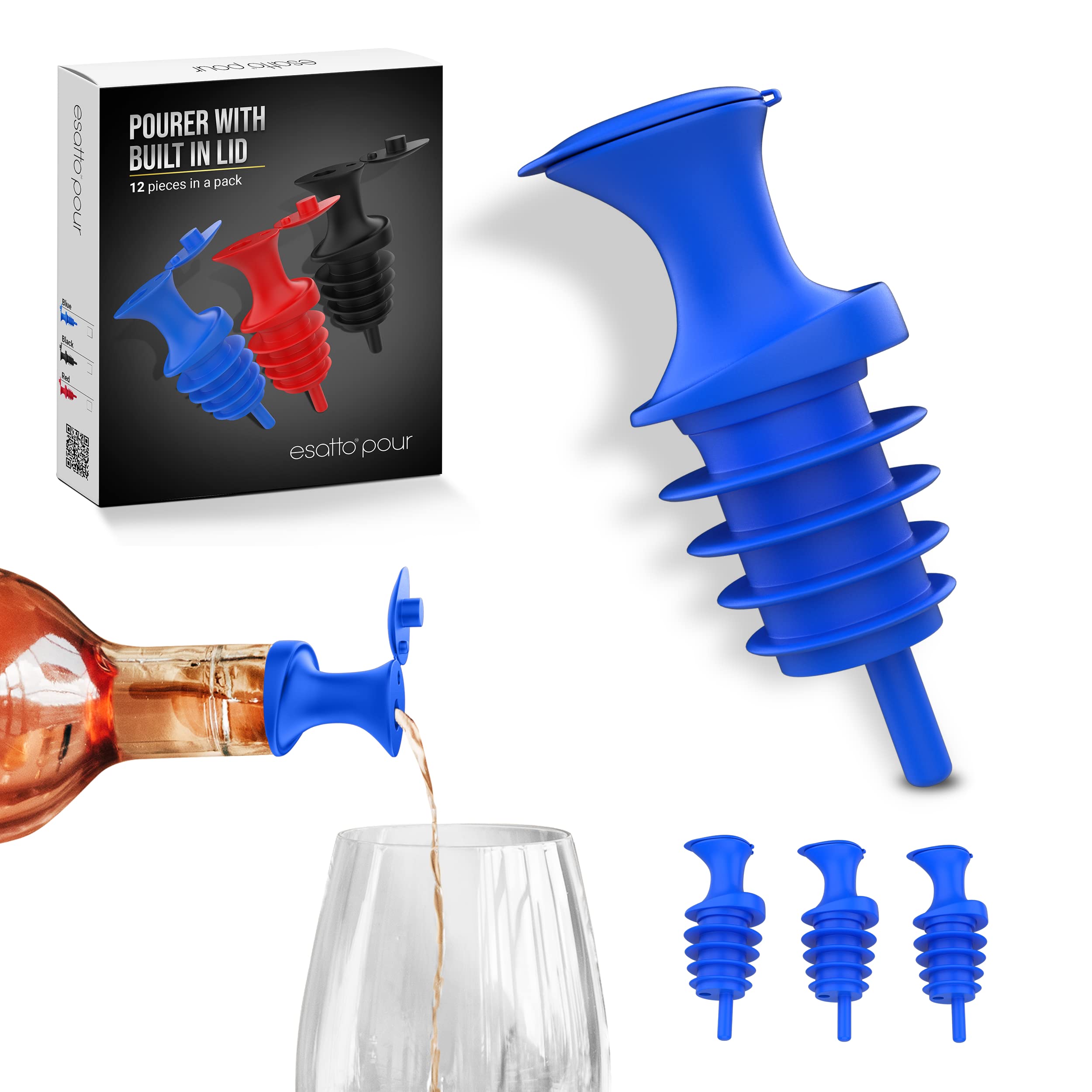 Esatto Pour and Seal, Pourer with Lid – Easy Pouring for Drinks like Spirits and Liquors, Lid for Healthy Practices Keeping Debris and Fruit Flies Away, Professional Bar Tool, Pack of 12 Pieces (Blue)