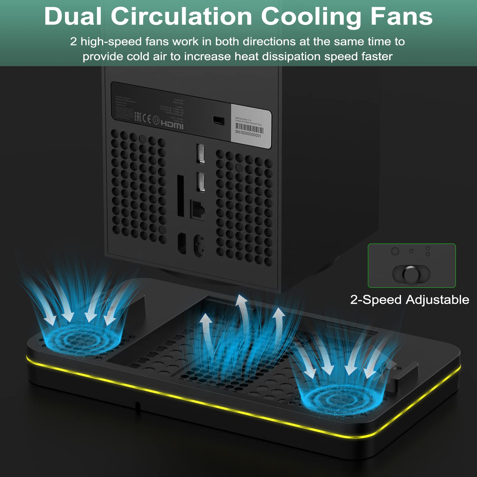 Charging Stand with Cooling Fan for Xbox Series X/S,Upgraded Vertical RGB lED Stand with Dual Controller Fast Charger Station Dock with 3 USB Ports & 7 Color Lights,2 Cooler Fans System Accessories