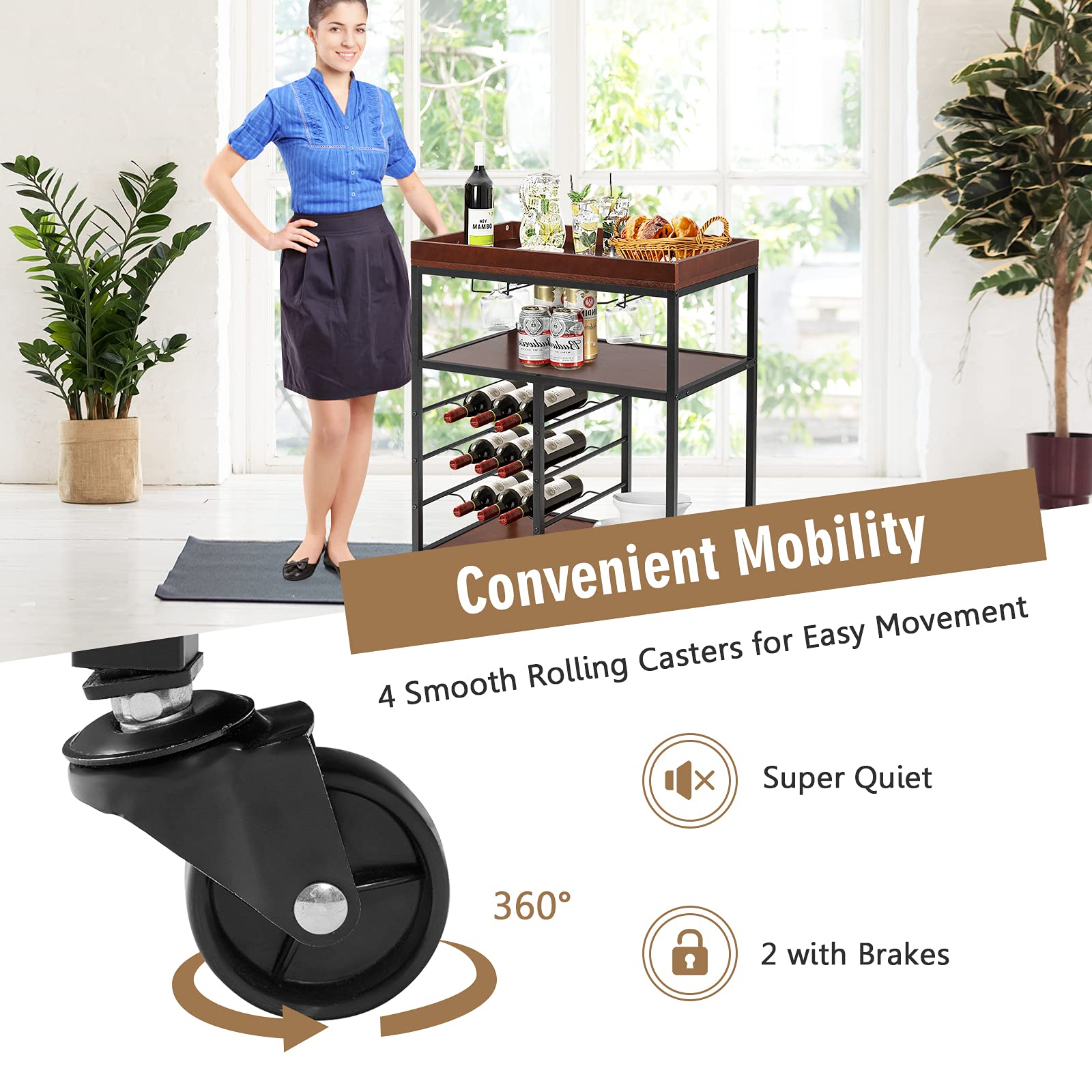 COSTWAY Kitchen Rolling Island Cart, with 9-Bottle Wine Racks & Glass Holders, Utility Beverage Cart Trolley with Lockable Wheels for Home Kitchen, Wooden and Metal Frame, Rustic Brown
