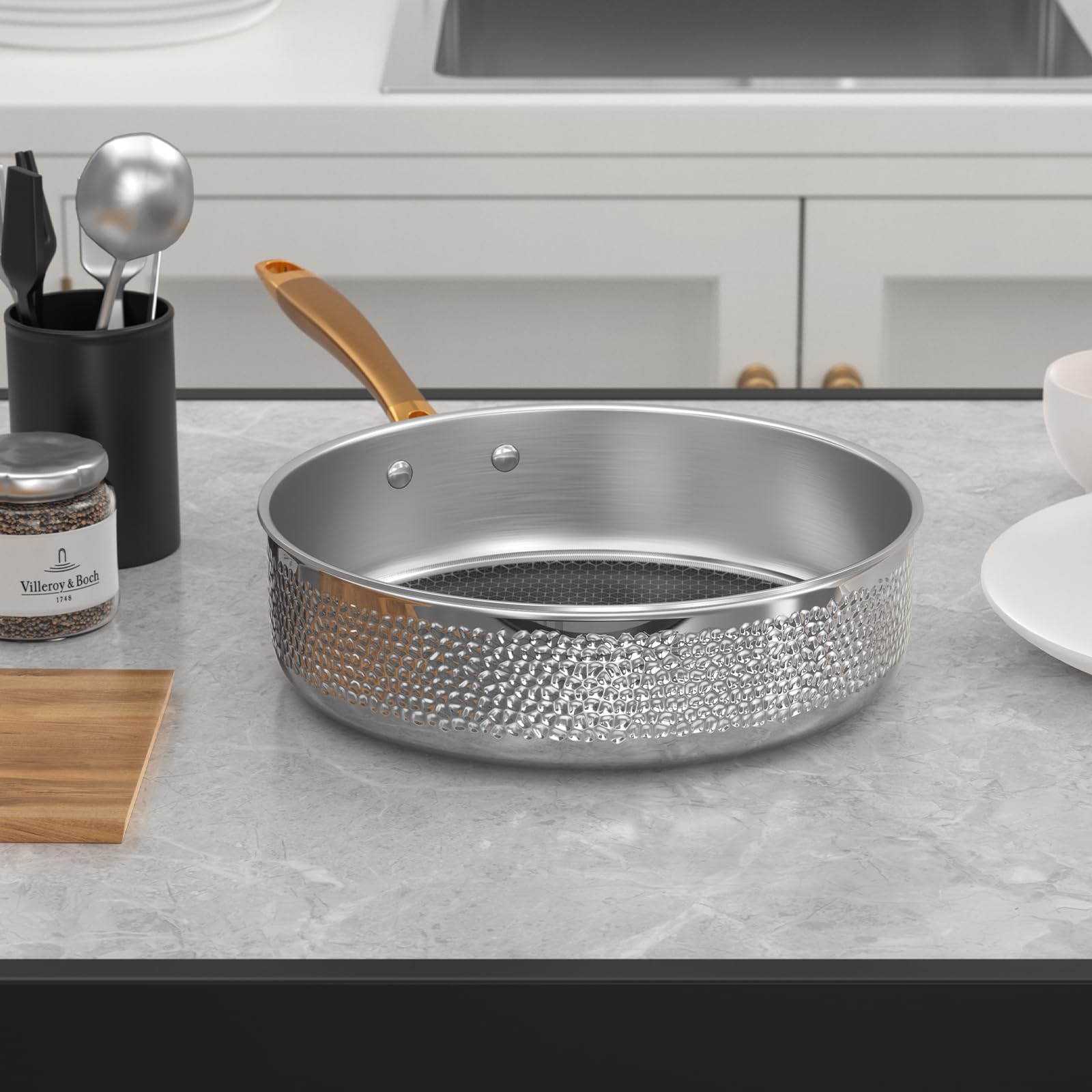 Homaz life 4.5-Quart Deep Sauté Pan with Tempered Glass Lid, Tri-Ply Stainless Steel Cookware, Induction Ready, Compatible with All Cooktops, Dishwasher Safe, Non-Toxic