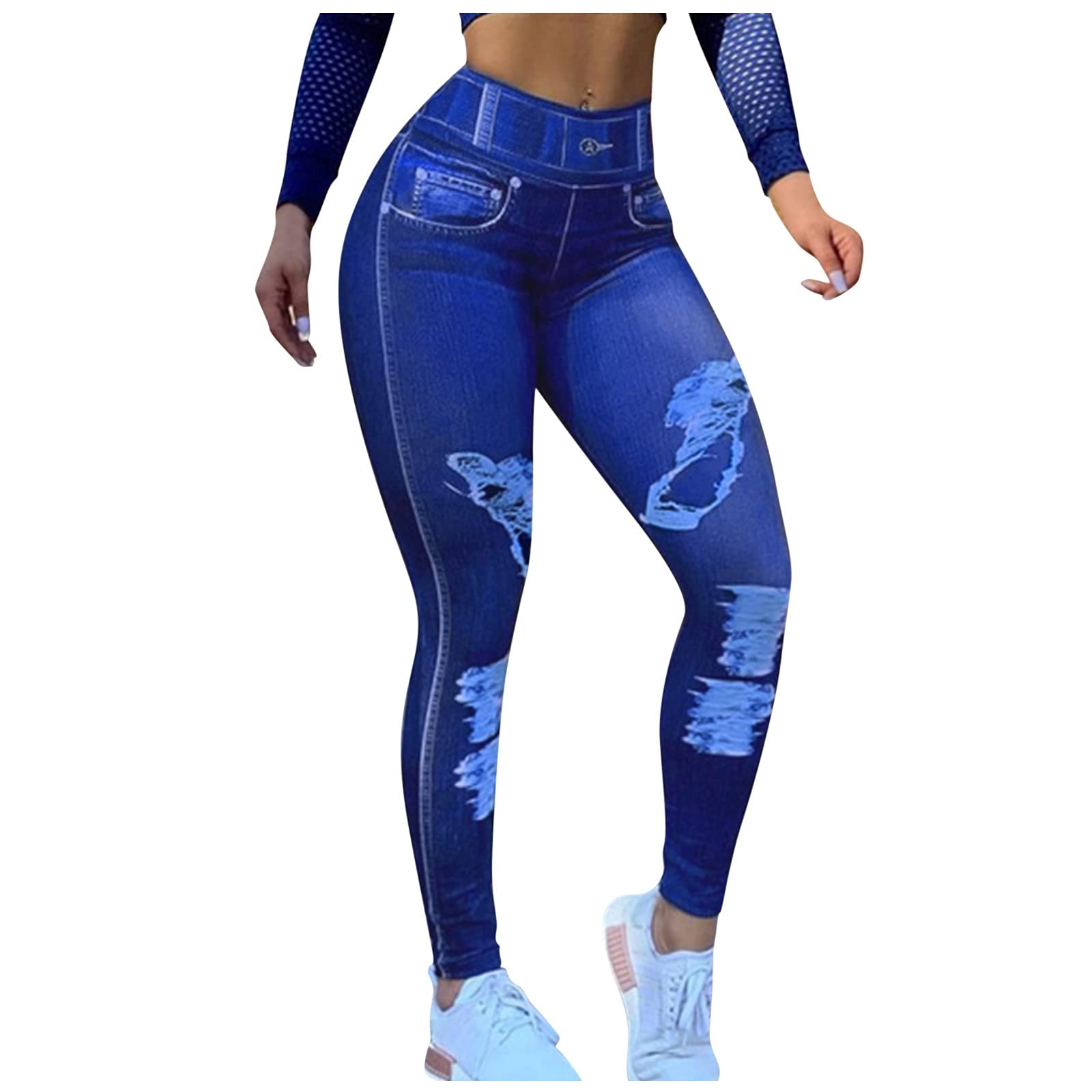 DUOWEI Yoga Pants Pockets Mesh Butt Women's Yoga Pants Leggings High High Lifting Solid Waist Seamless Pants Tall WOM Blue