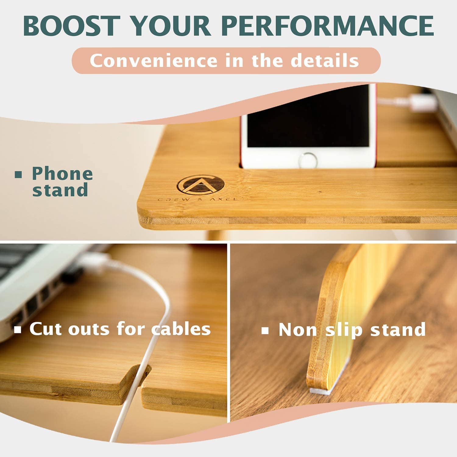 Crew & Axel Standing Desk Converter Bamboo Adjustable Sit Stand Desk Riser - Great for Laptops, Monitors Home or Office 19" High 26" Wide with Tablet & Phone Stand