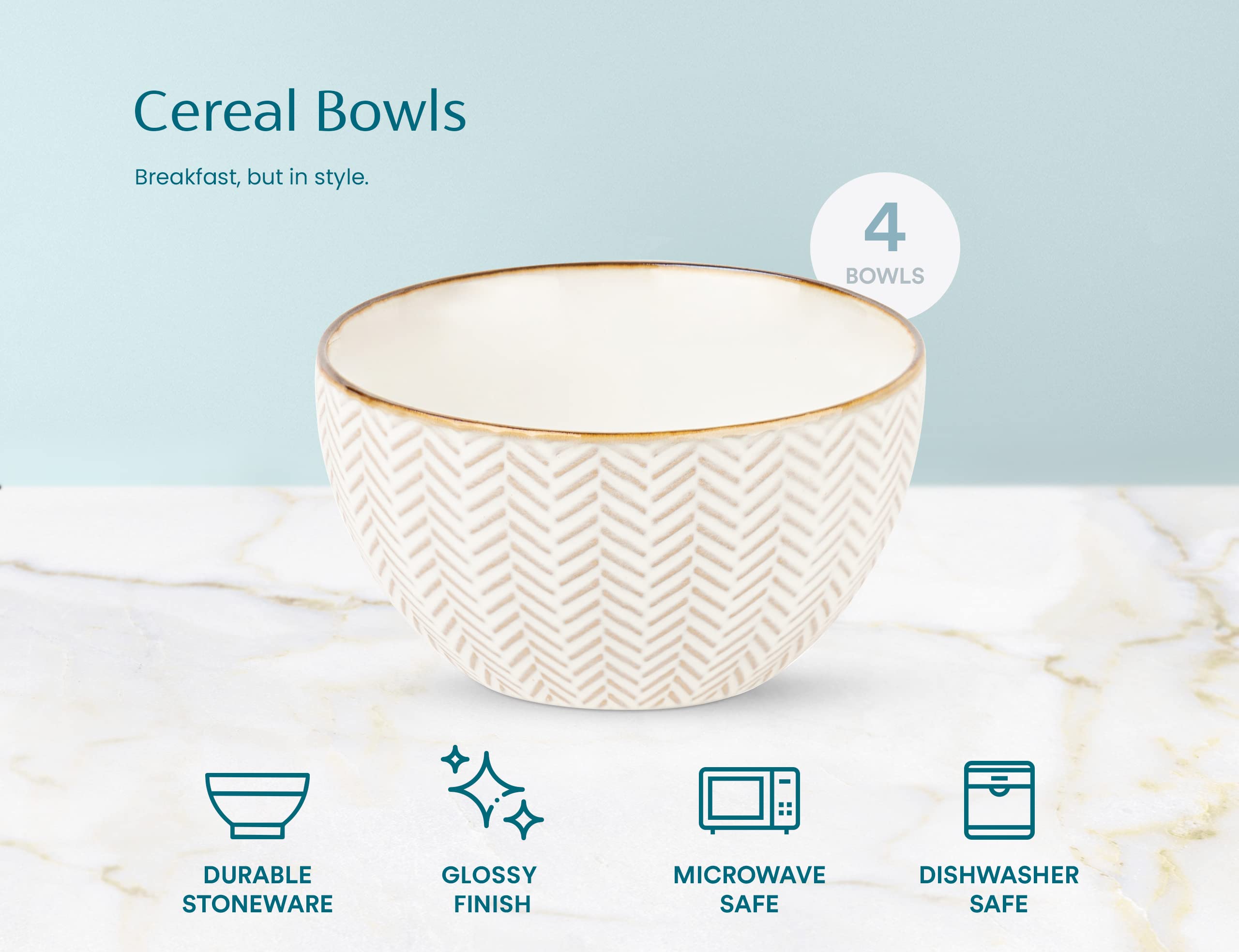 KooK Ceramic Cereal Bowls, Embossed, for Yogurt, Dessert and Poke, Microwave & Dishwasher Safe, Cream with Dark Copper Accents, Set of 4, 22 oz, Narbonne Collection