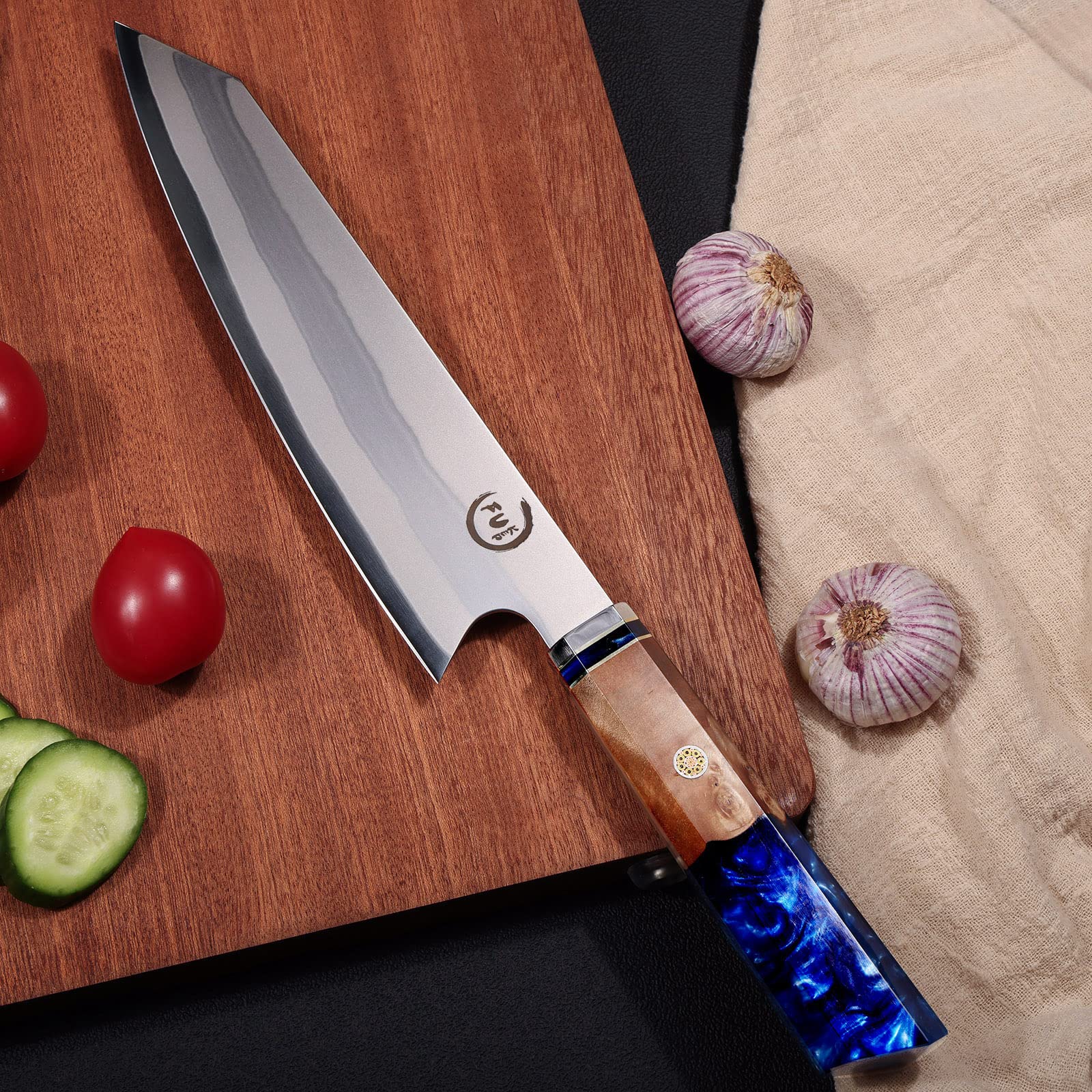Fukep Japanese Chef Knife, Chef Knife 8 Inch - Carbon Steel 440c with Attractive Blue Resin Handle, Super High Cost-Performance Kiritsuke Knife with Sheath