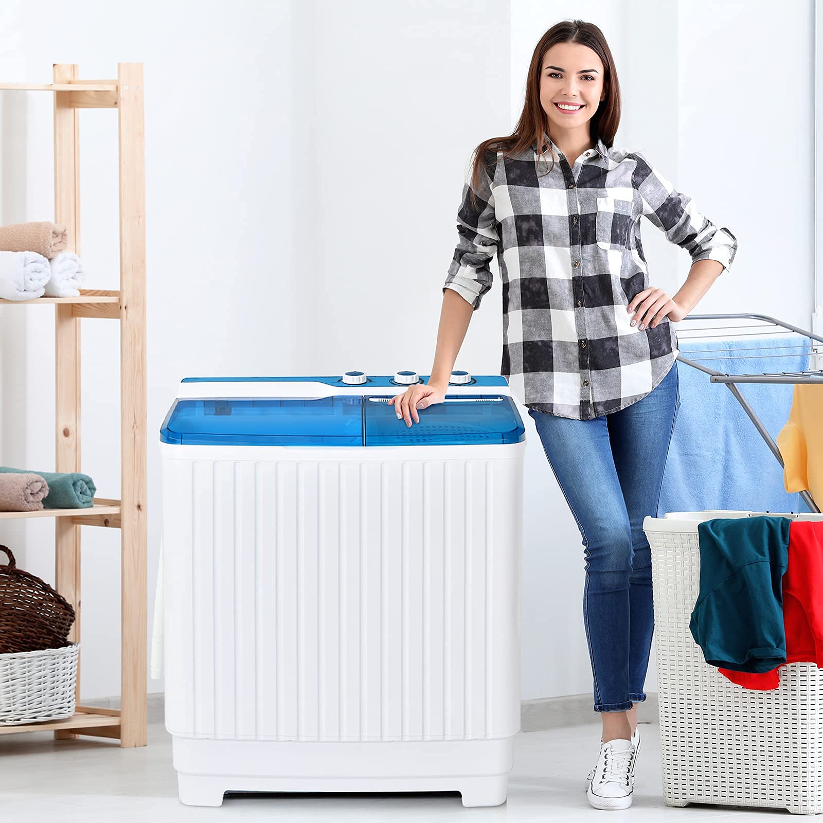 COSTWAY Portable Washing Machine, Twin Tub 28.5Lbs Capacity, Washer(20Lbs) and Spinner(8.5Lbs), Laundry Machine with Control Knobs, Timer Function, Drain Pump, Compact washer for Apartment, RV (Blue)