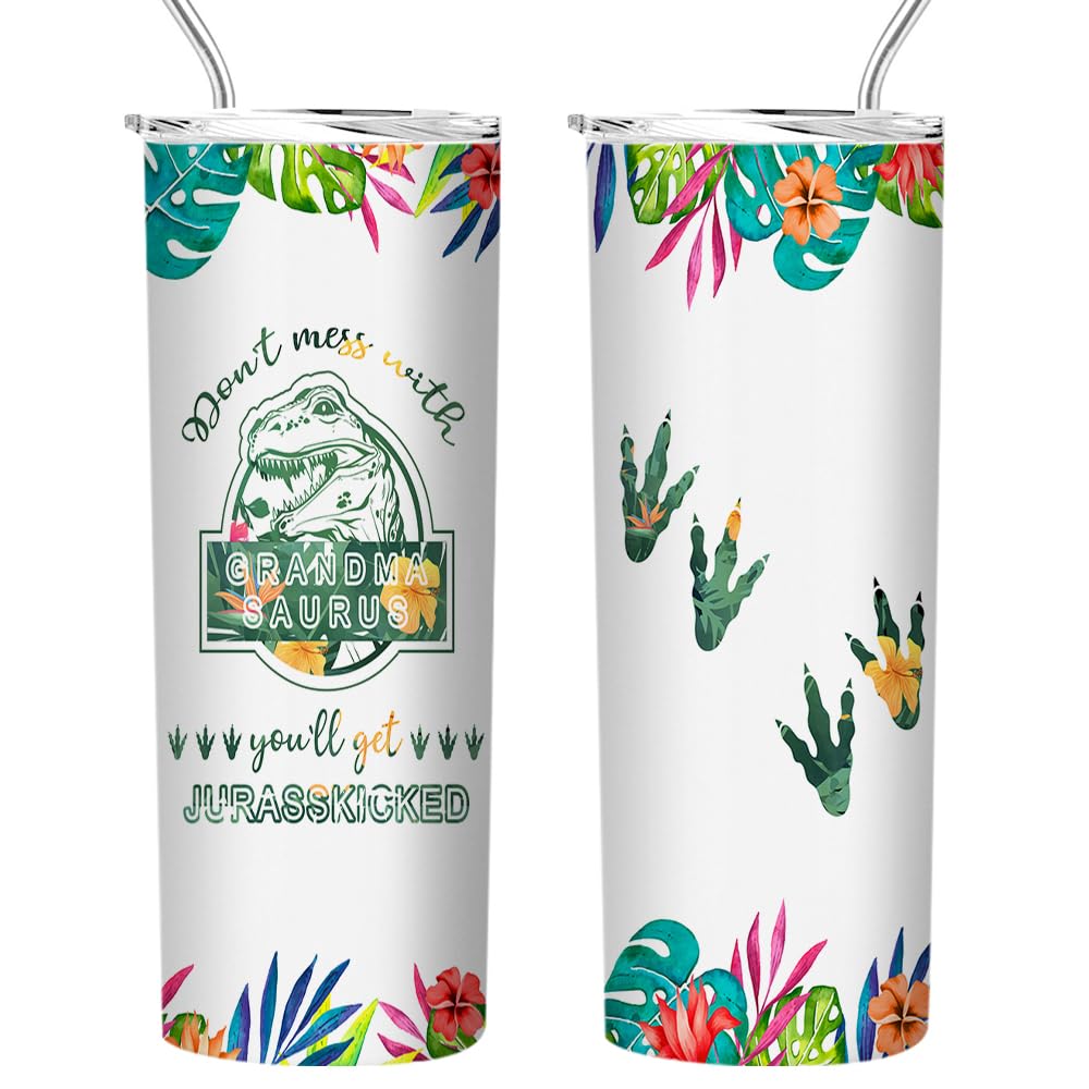 Fatbaby Funny Grandma Gifts,Grandmasaurus Tumbler Cup,Mother’s Day Birthday Christmas Gifts for Grandma,Vacuum Insulated Stainless Steel Skinny Tumbler With Lid and Straw 20oz