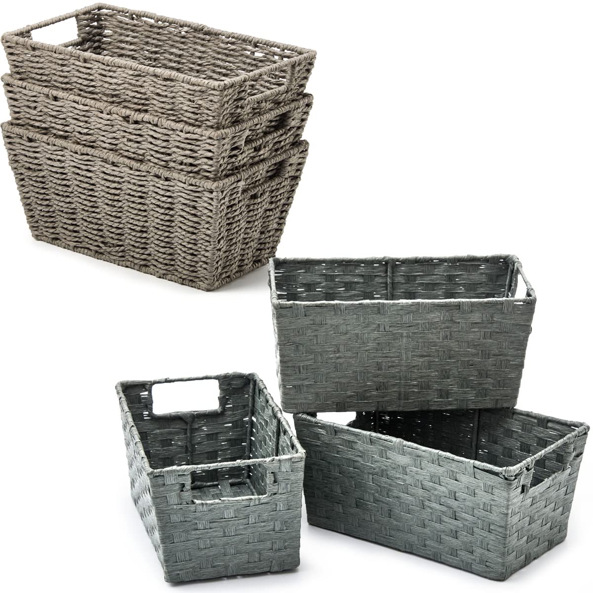 EZOWare Set 6 Weaving Storage Baskets, Multipurpose Wicker Organizer Bins Boxes with Handles for Shelf, Bathroom, Pantry, Accessories