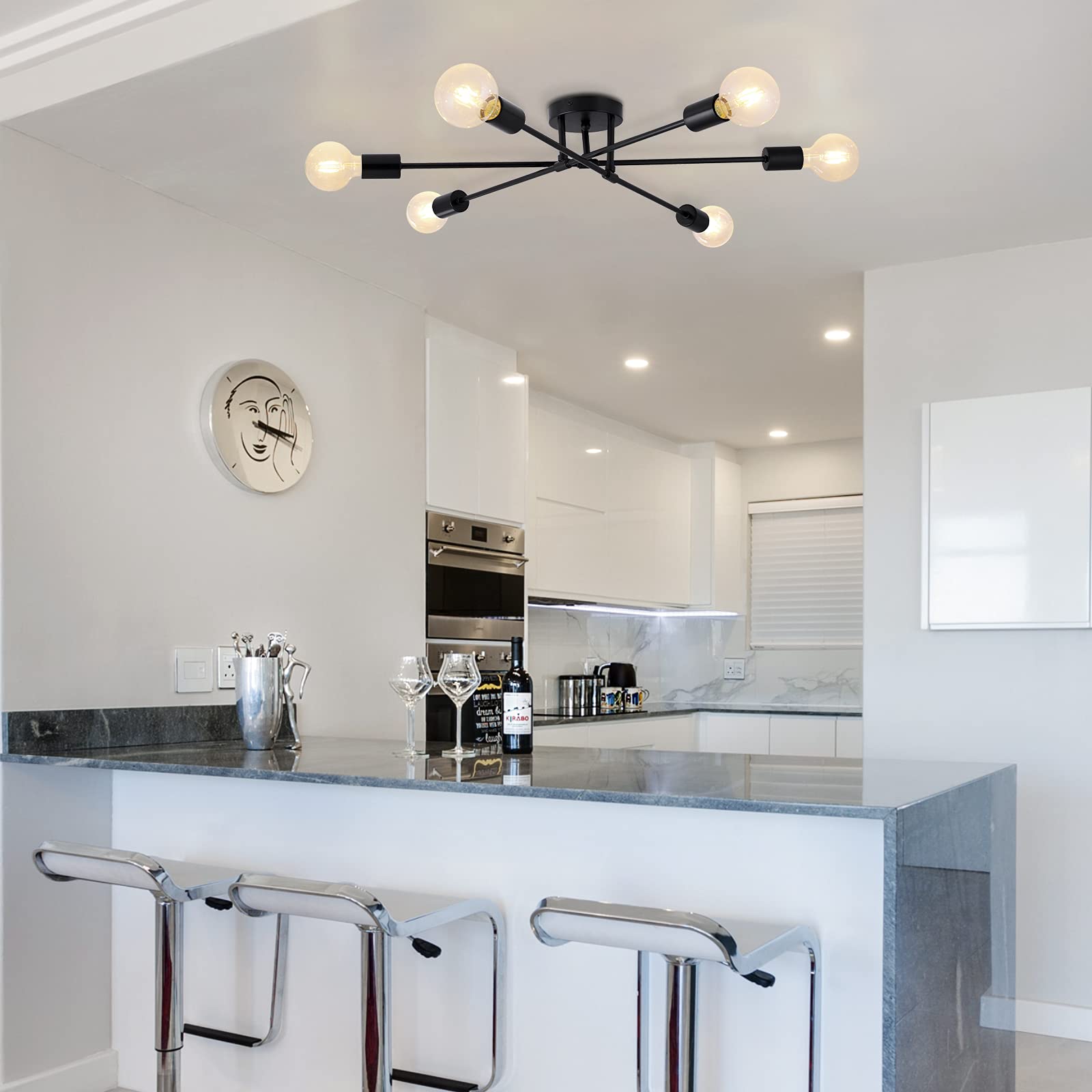 BrkNit 6-Light Sputnik Chandeliers, Black Modern Semi Flush Mount Ceiling Light with E26 Base, Mid Century Industrial Vintage Kitchen Farmhouse Light Fixtures for Dining Room Bedroom Living Room