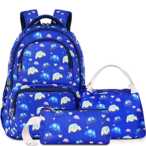 Unineovo Backpack for Boys, Car Backpack,Lunch Box Schoolbag for Kids, Kids Boys Water Resistant Laptop Backpack,Lightweight Bookbag with Pencil Case,3 Pcs Set Nylon Side Pocket Backpack for School