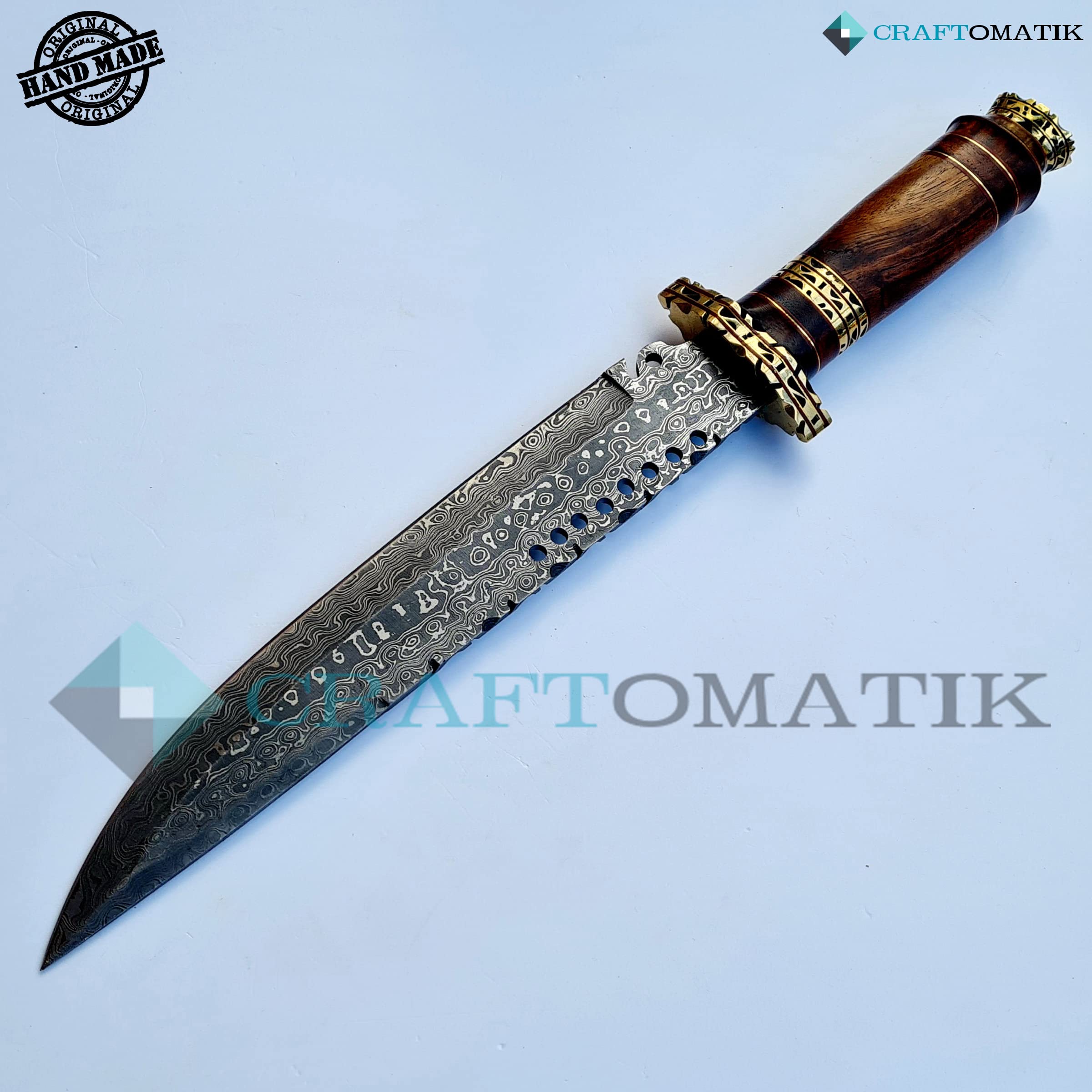 CRAFTOMATIK Hunting Knife Elite | Damascus Steel Walnut Wood and Brass Bowie DHK91, brown, 40 cm