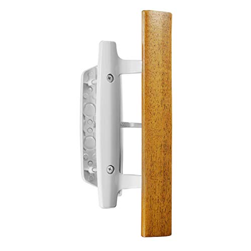Mortise Style Reversible Sliding Patio Door Handle Set with Oak Wood Interior Handle and Exterior Pull in White Diecast Finish Fits 3-15/16β Screw Hole Spacing, Non-keyed with Latch Locks (White)