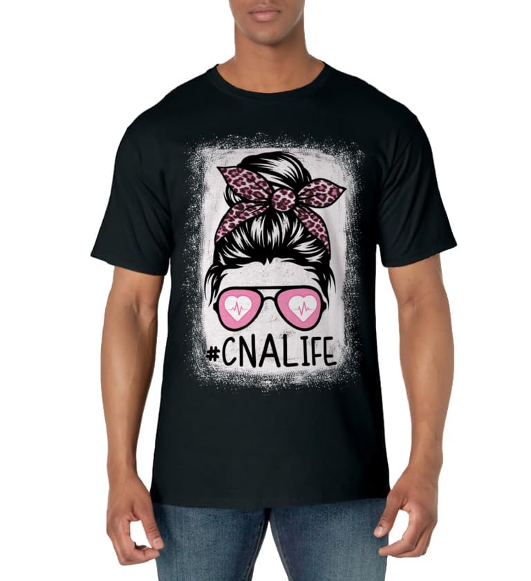 CNA Nurse Life Bleached Shirts Pink Leopard Messy Bun Womens T-Shirt