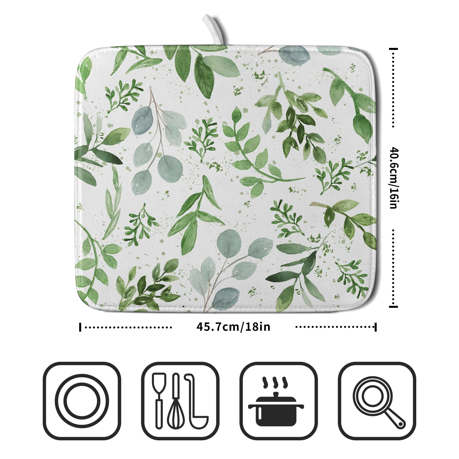 Giwawa Leaves Dish Drying Mat 16x18 inch Reversible Green Leaf Dish Draining Mats with Hanging Loop Absorbent Watercolor Plants Dish Drainer Mat Microfiber Leaves Drying Pad for Kitchen Counter Sink