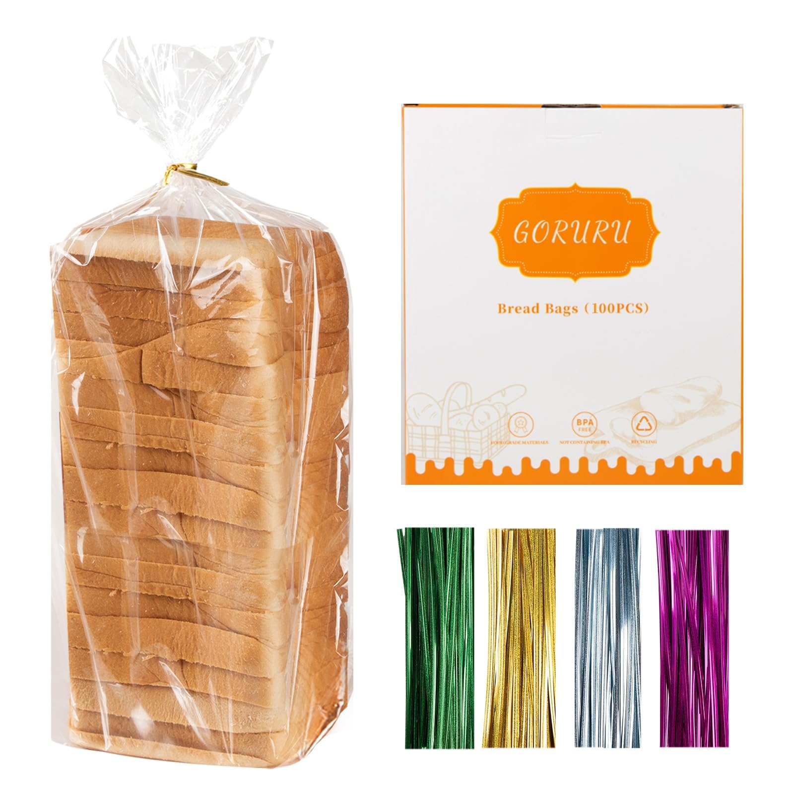 Goruru 100 Pcs Reusable Bread Bags for Homemade Bread sourdough with 110 Colorful Twist Ties(5In)- Durable Plastic bread bag - Adjustable Sourdough Bread Bags for Bread Storage (18" x 8" x 4")