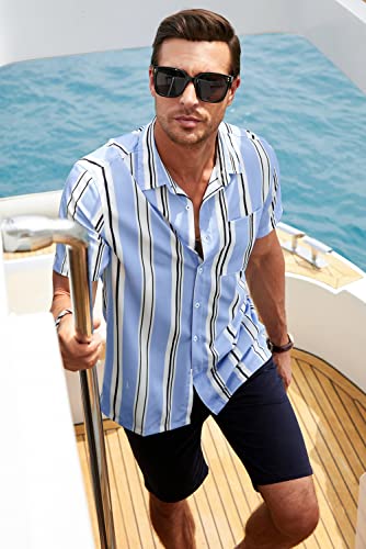 JMIERR Men's Hawaiian Striped Shirts Summer Casual Short Sleeve Button Down Beach Shirt with Pocket for Men, US 43(L), A2 Blue