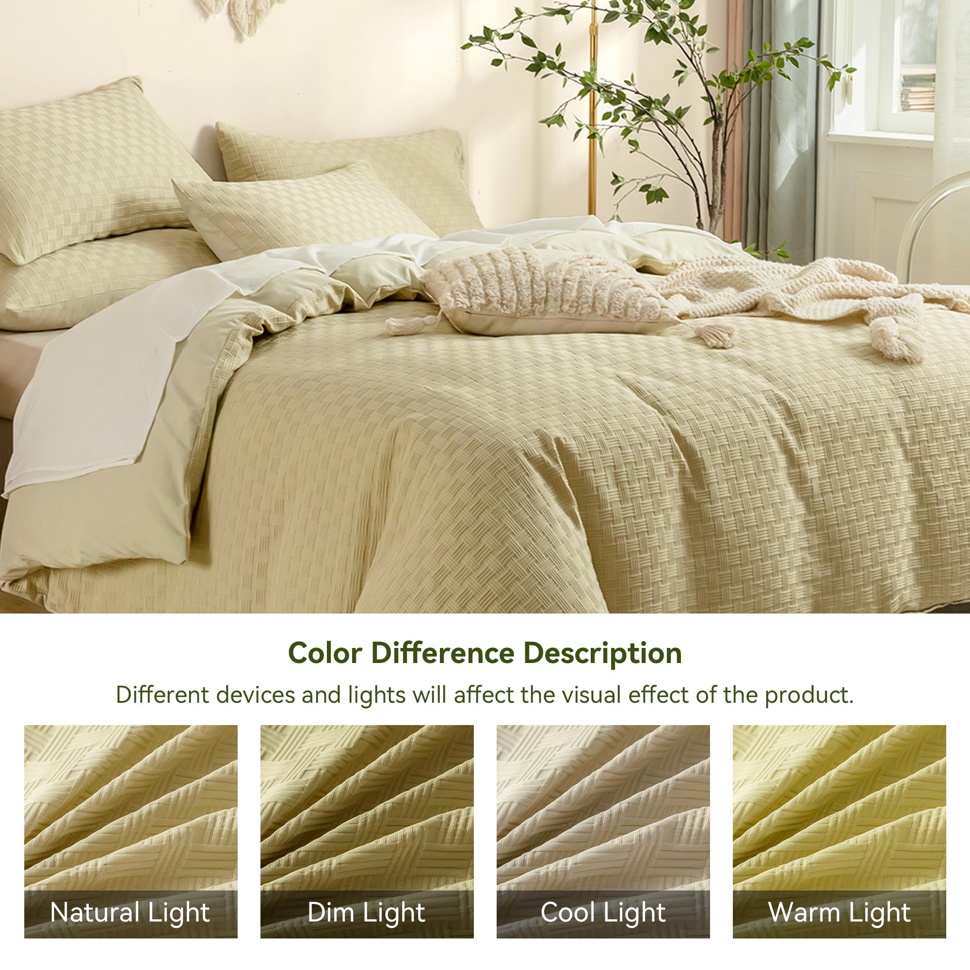 JELLYMONI Green Duvet Cover Queen Size - 3 Pieces Soft and Breathable Microfiber Knitted Jacquard Waffle Weave Striped Comforter Cover with 8 Corner Ties & Zipper Closure