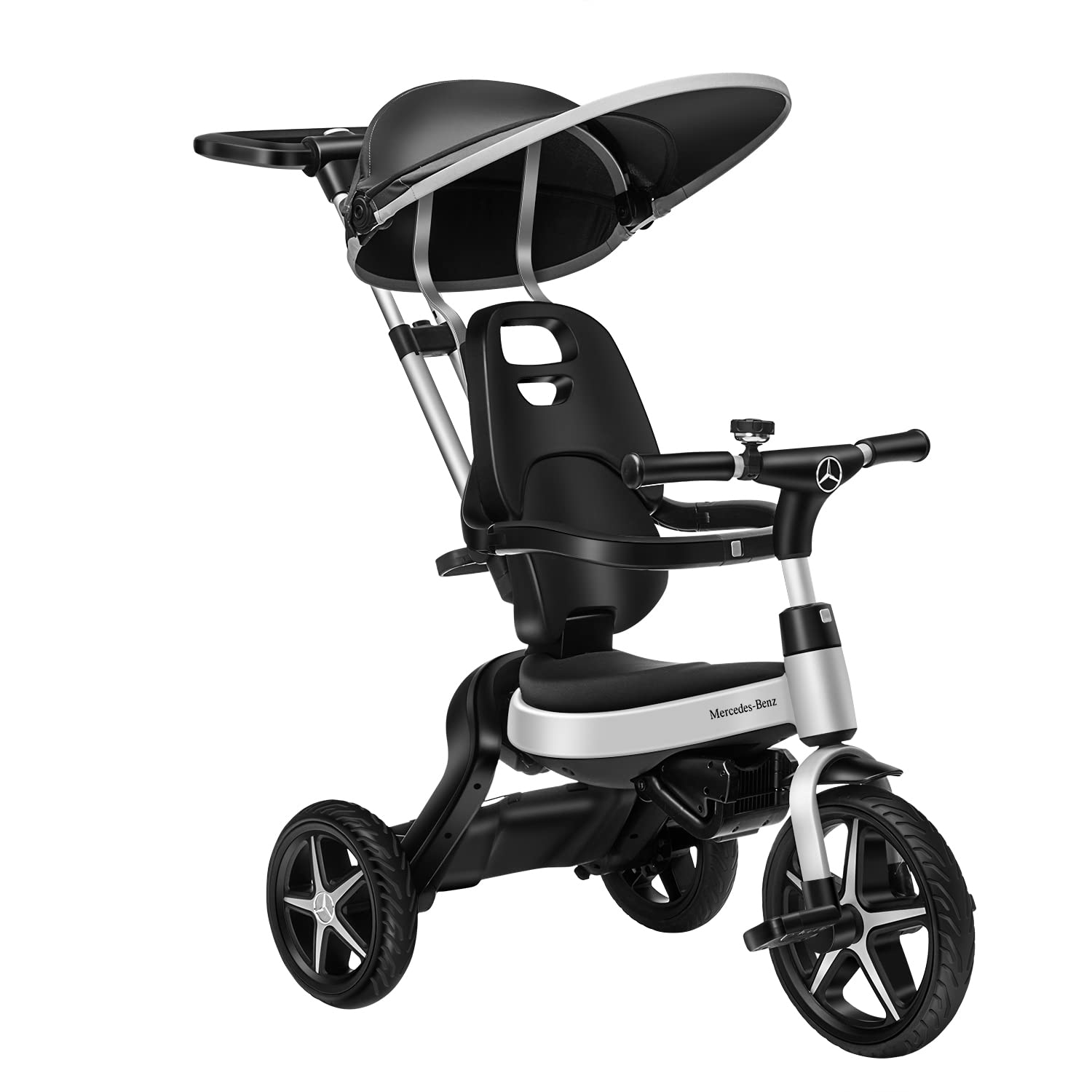 FUNYARD Tricycle, Mercedes Benz Licensed Tricycle for Toddlers Age 1-5 with Adjustable Push Handle, Bell, Removable Canopy, Storage Basket, Detachable Guardrail (Grey)