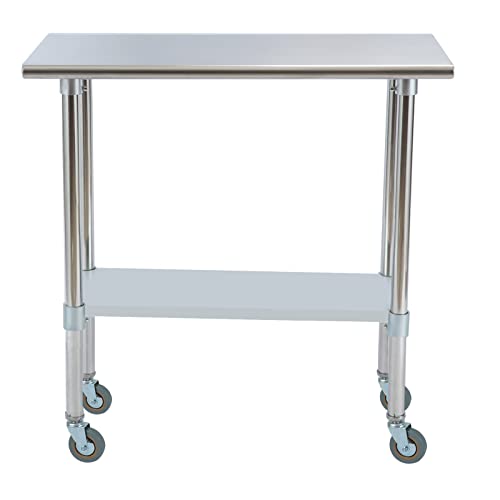 Stainless Steel Work Table w/ Undershelf and Casters,36" x 18" inch Commercial Kitchen Work & Prep Table for for Restaurant, Home and Hotel.