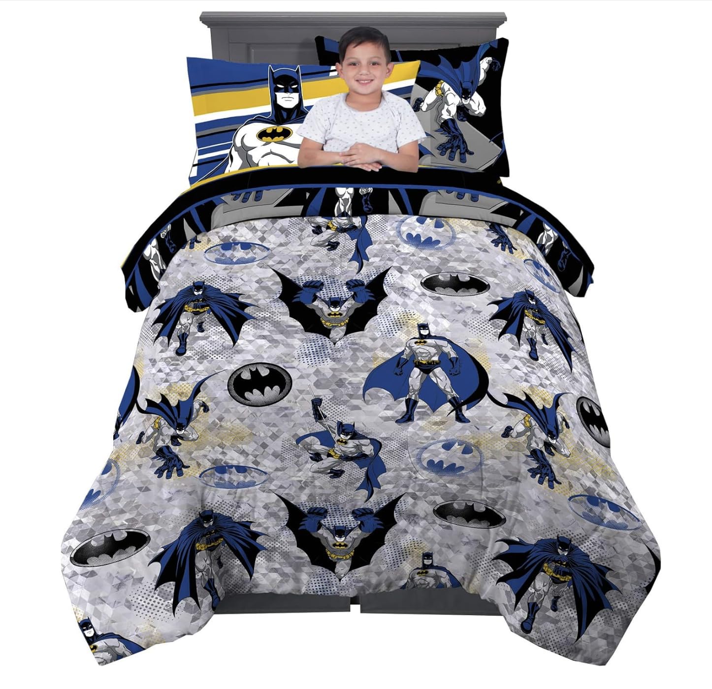 Franco Manufacturing Co. Inc. Batman 6 Pieces Twin Bed in a Bag Bedding Set, Blue, Black, Gray