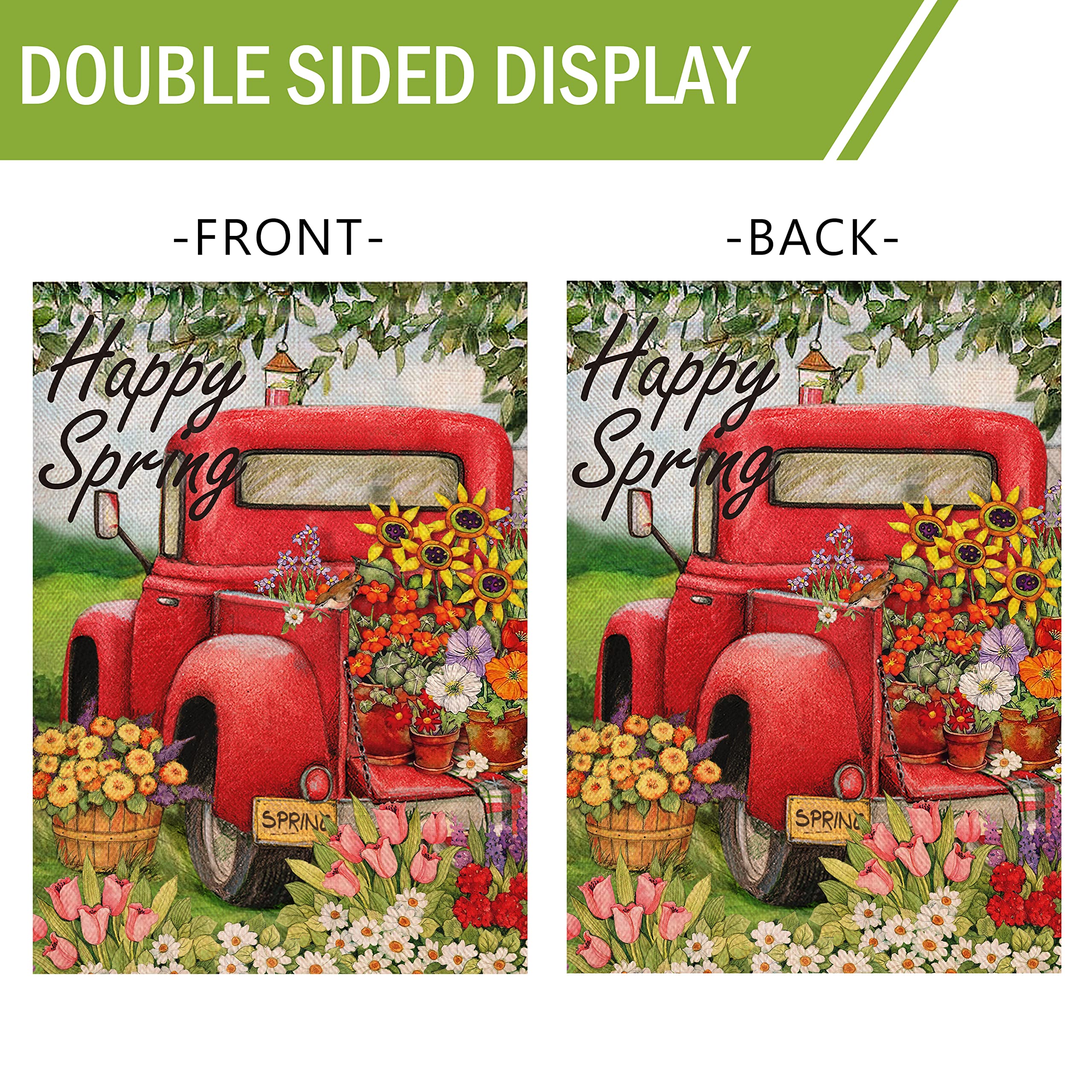 Furiaz Happy Spring Red Truck Small Garden Flag, Vintage Pickup Yard Outdoor Home Daisy Tulip Flowers Lawn Outside Decorations Double Sided 12x18