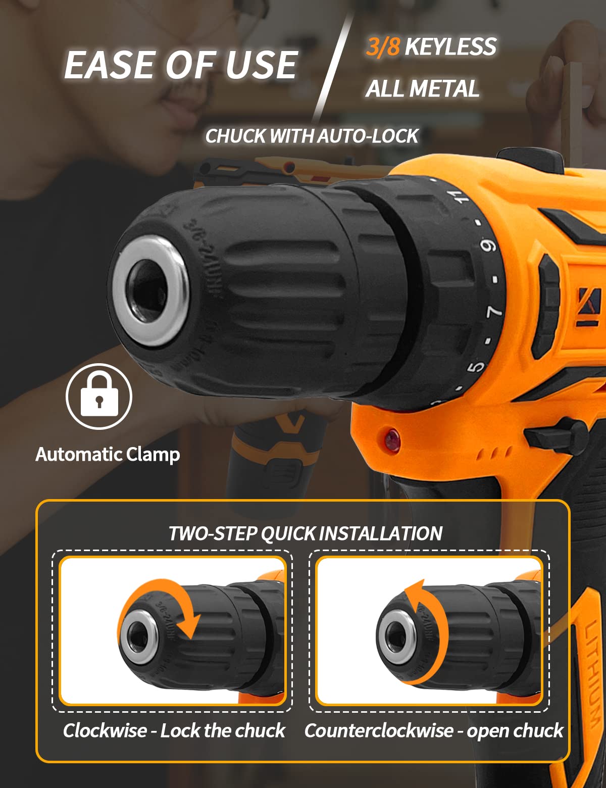 Cordless Drill Set,12V Electric Screwdriver Driver Tool Kit,18+1 Clutch & Variable Speed,3/8-Inch Keyless Chuck,35NM(310in-Lbs)Max Torque,with 2 Battery & Charger,and other accessories