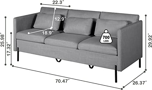 LINLUX 70 Inch Sofa Couch, 3 Seater Couches for Living Room, Comfy Sofas w/3 Pillows and Iron Legs, Fabric Sofa for Small Spaces, Bedroom, Office, Light Grey