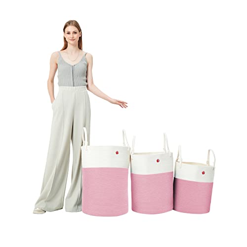 MeloMin NatureMe (50L) Cotton Rope Woven Laundry Basket (6 Colors) - 17β x15β - Home Storage Hamper Bin for Blankets, Comforters, Towels, and Toys (Pink)