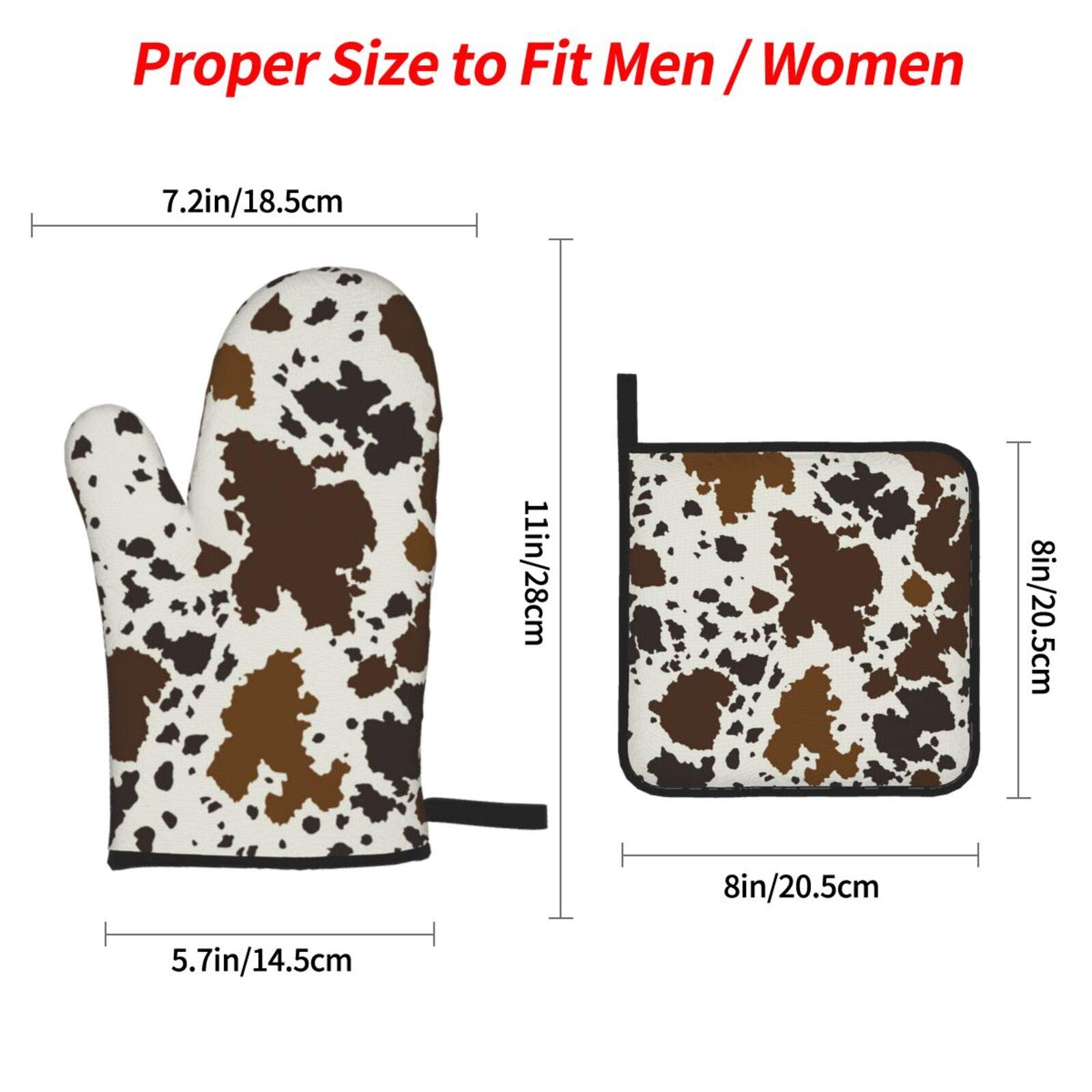 Feartdiy Oven Mitts and Pot Holders Sets of 4,Cow Leather Brown Print Heat Resistant Kitchen Cooking Oven Gloves and Potholders for BBQ Baking Grillin, One Size
