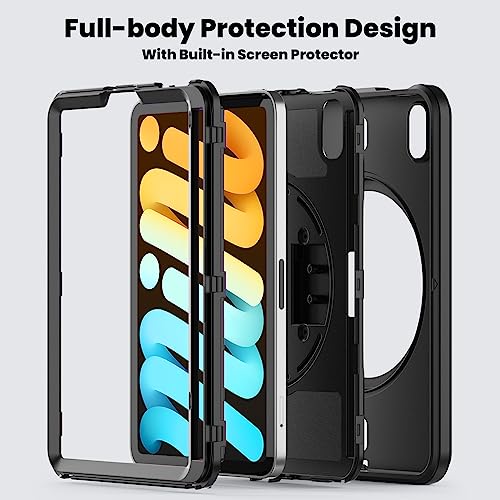 SEYMAC iPad Mini 6 Case 2021 Mini 6th Generation Case, Shockproof Protective Mini 6 Kids Case with Pencil Holder Screen Protector Hand Strap Stand Case for iPad Mini 6th Gen 8.3 Inch 2021, Black
