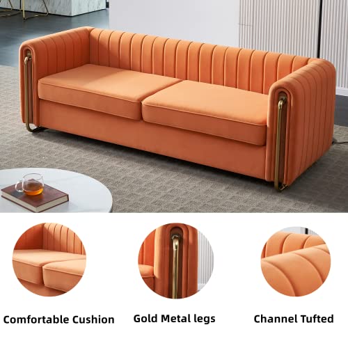 Melpomene Vertical Channel Tufted Velvet Sofa with Round Arm and Gold Metal Legs,Armrest 84.25" W(Orange)
