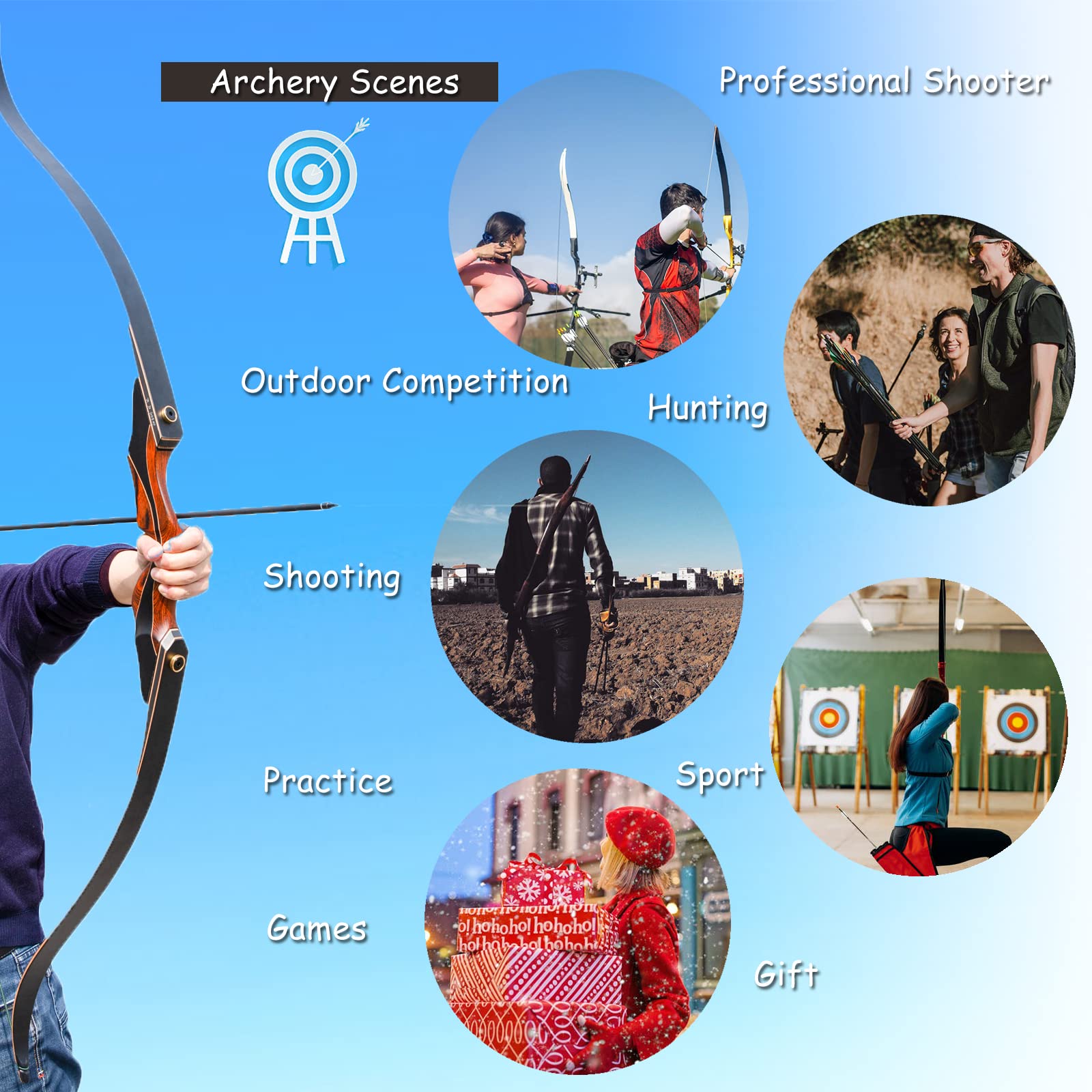 D&Q Archery 60" Takedown Hunting Recurve Bow and Arrows Set for Adults 30-45LB Wooden Right Hand Longbow Kit for Practice Competition (35LBS)