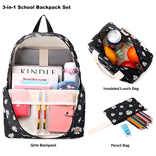 Kouxunt Daisy Girls School Backpacks for Kids Teens, 3-in-1 School Bag Bookbags Set with Lunch Bag Pencil Case (Black)