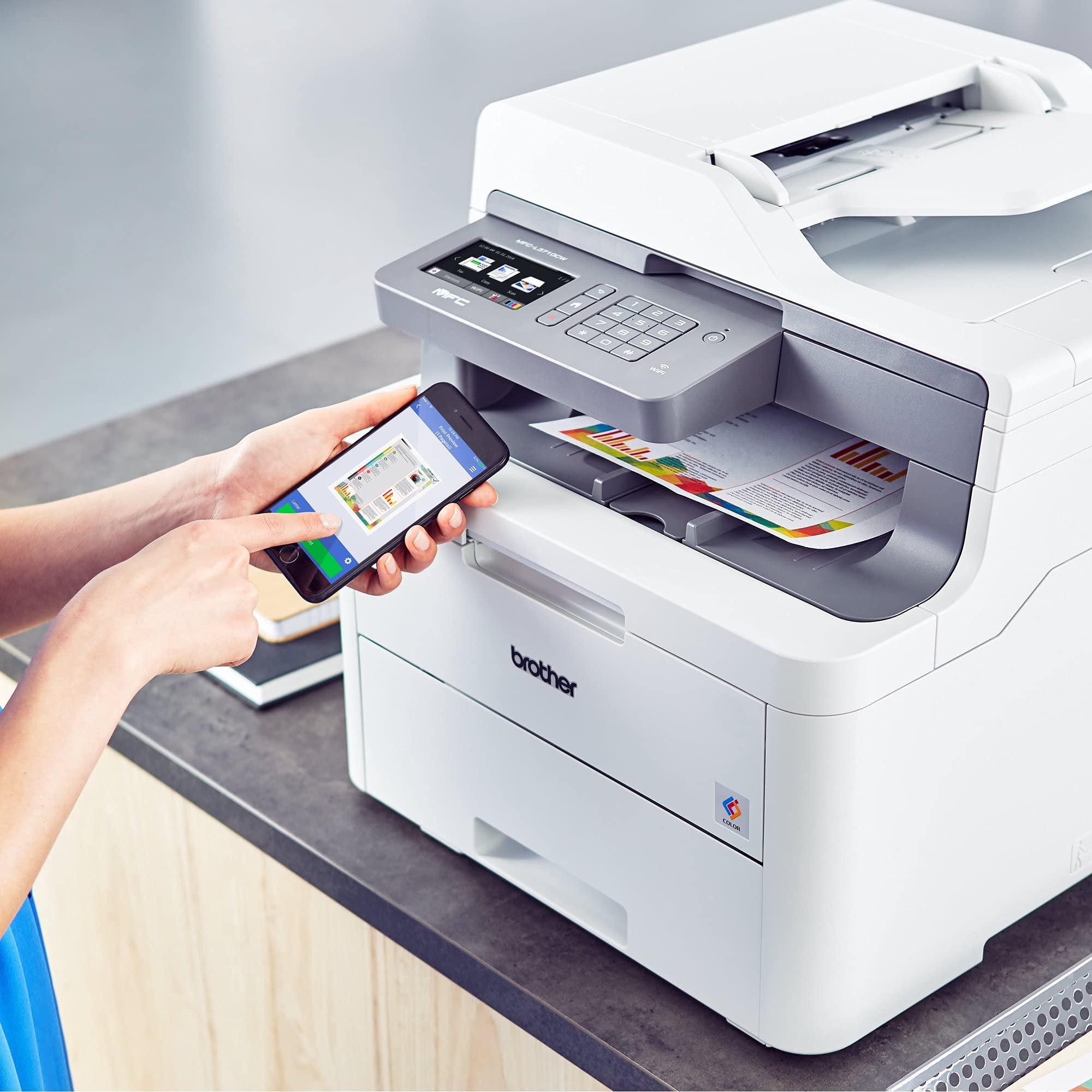 Brother MFC-L3710CW Wireless All-in-One Digital LED Color Laser Printer, White - Print Copy Scan Fax - 600 x 2400 dpi, 3.7" LCD Touchscreen Display, 19 ppm, 8.5 x 14, 50-Sheet ADF, 250-sheet