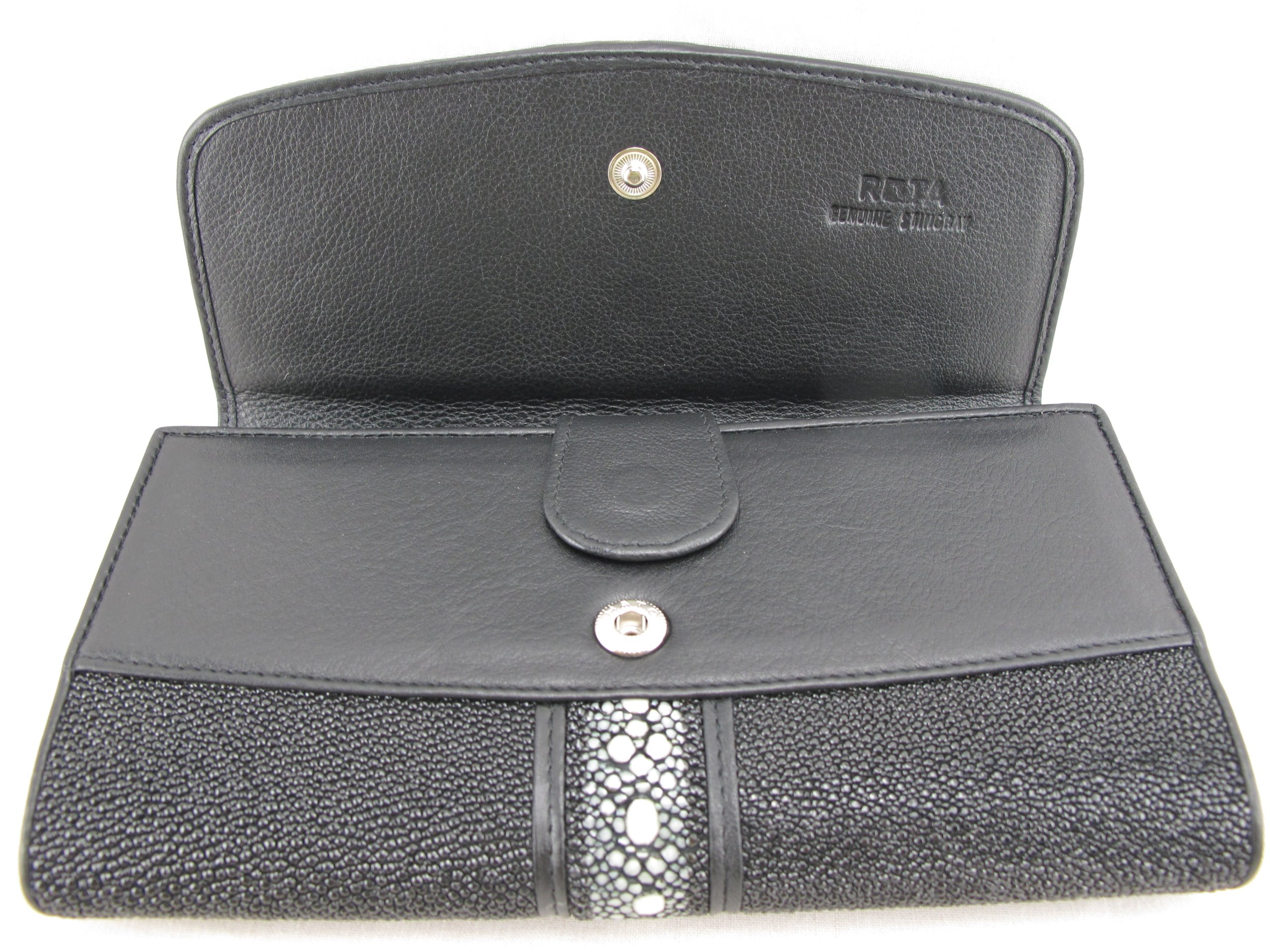 PELGIO Genuine Row Diamond Stingray Skin Leather Women's Trifold Clutch Wallet Black