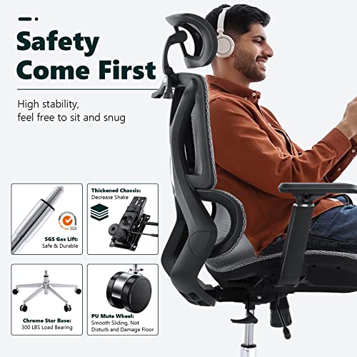 Memobarco Office Chair, Ergonomic Office Chair with Lumbar Support, Adjustable Seat Depth, Headrest, Armrests, Tilt Function, Mesh Executive Office Chairs for Home, Meeting, Conference, Hotel, Gray