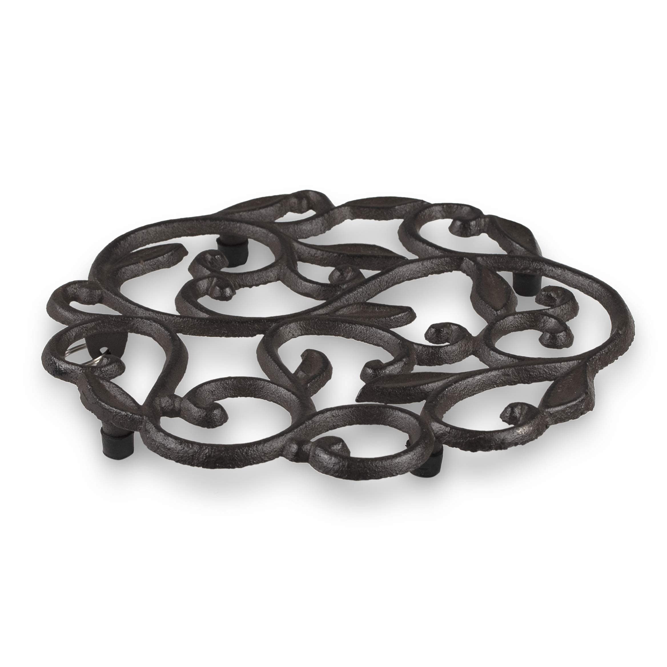 gasaré, Cast Iron Trivet for Hot Dishes, Pots, and Pans, Metal Trivet, Vine Plant Design, Rubber Feet Caps, Ring Hanger, 8 Inches, Brown, 1 Unit